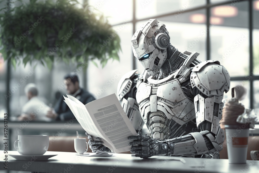 android reading newspaper in a futuristic city cafe, created by a ...