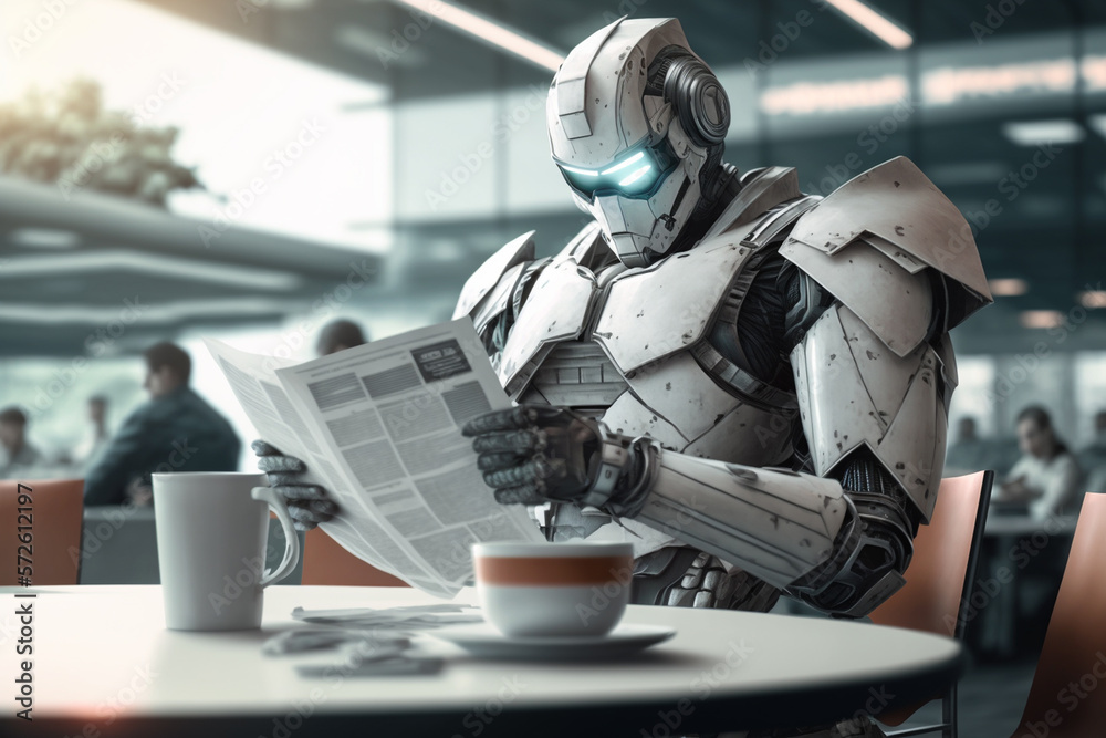 android reading newspaper in a futuristic city cafe, created by a ...