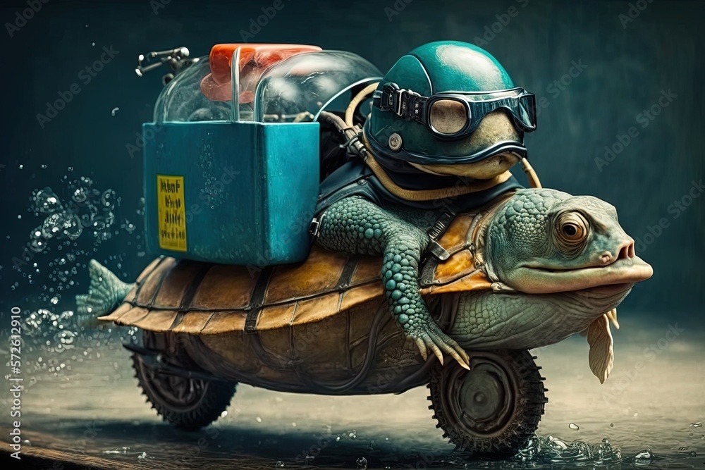 A very cute turtle is aiming, riding a motorcycle, and delivering goods ...