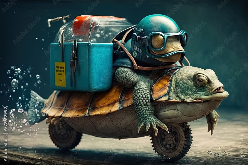 A very cute turtle is aiming, riding a motorcycle, and delivering goods ...