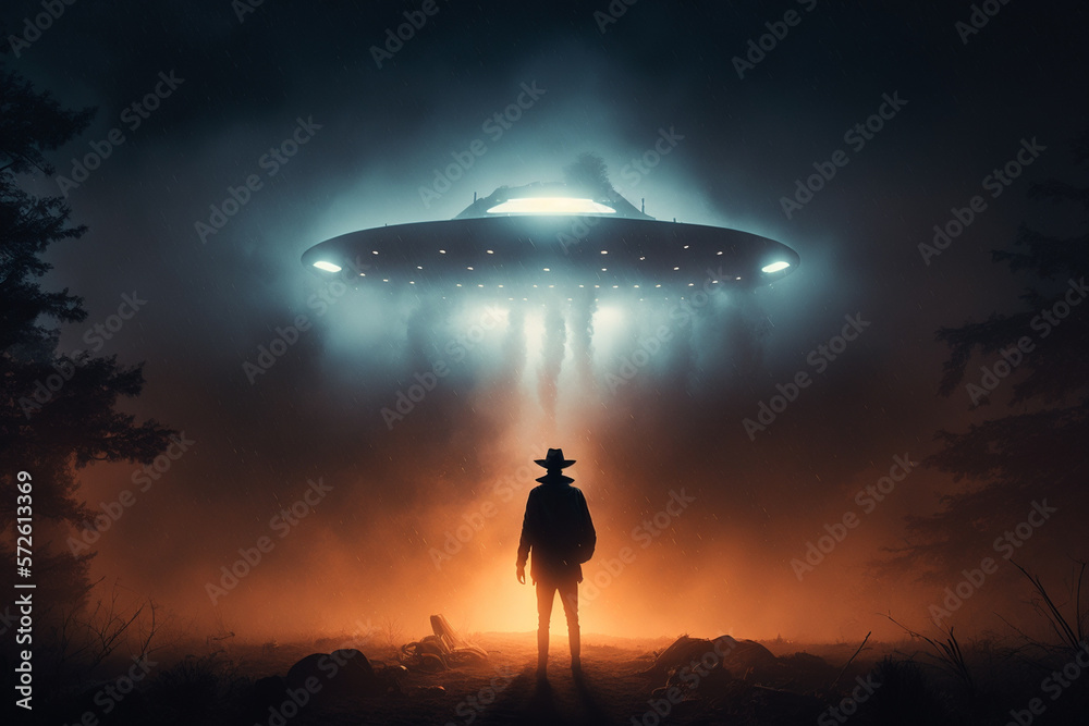 silhouette of a man against the background of a giant UFO, created by a ...