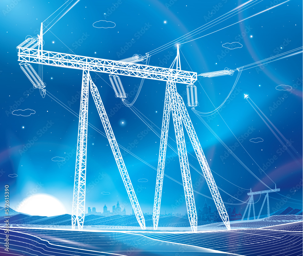 High voltage transmission system. Electricity. Neon glow. City energy ...