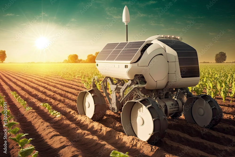 Generative AI Illustration of a robot powered by solar energy doing ...