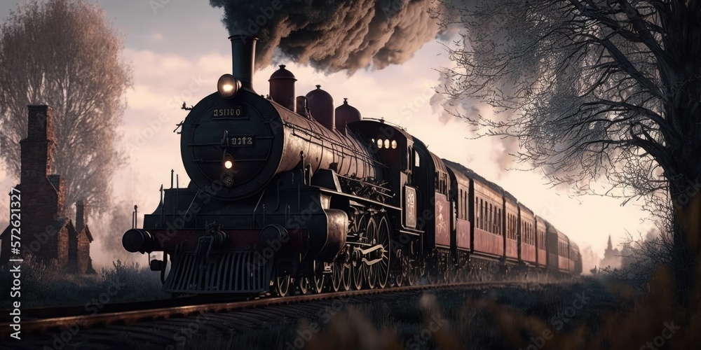 Historic steam train in cloud of smoke. Panoramic banner, AI generative ...