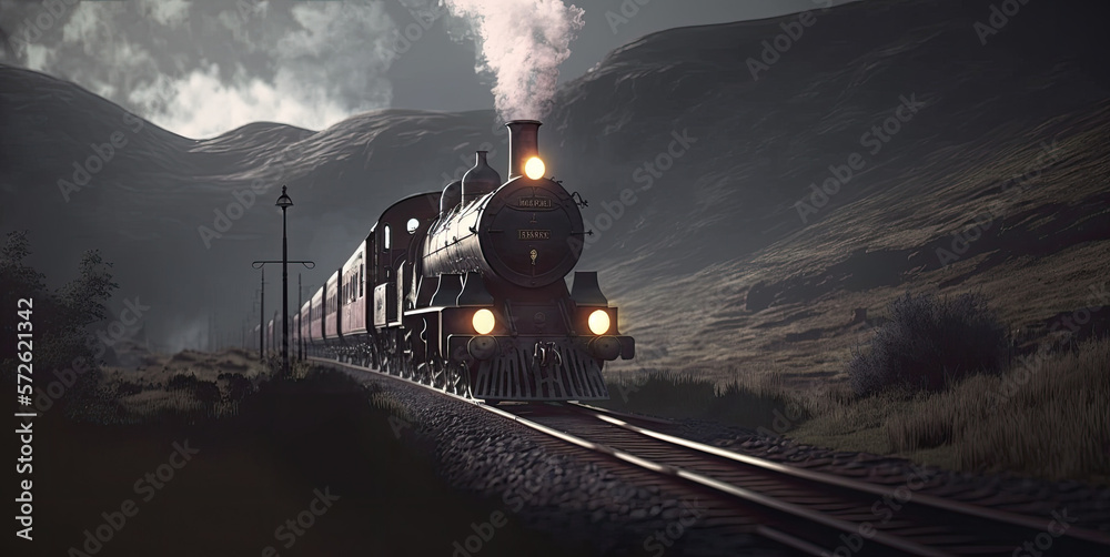 Historic steam train in cloud of smoke. Panoramic banner, AI generative ...