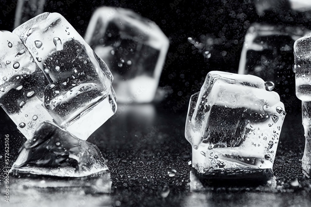 two ice cubes with water splashing out of them on a black background ...