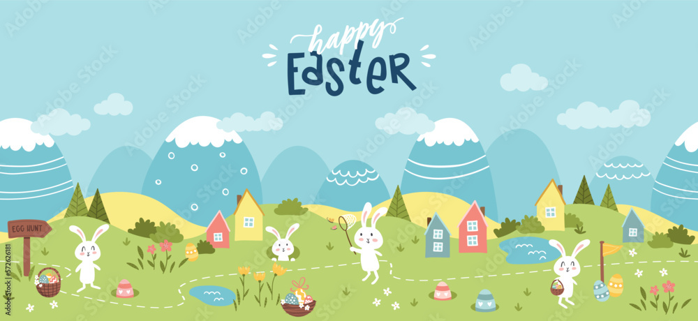 Cute Easter Egg hunt design, map for children, hand drawn with cute ...