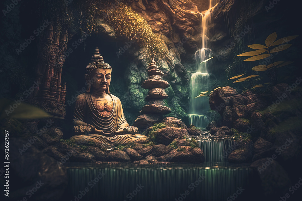 Photo & Art Print Zen garden with buddha statue and lotus flower ...