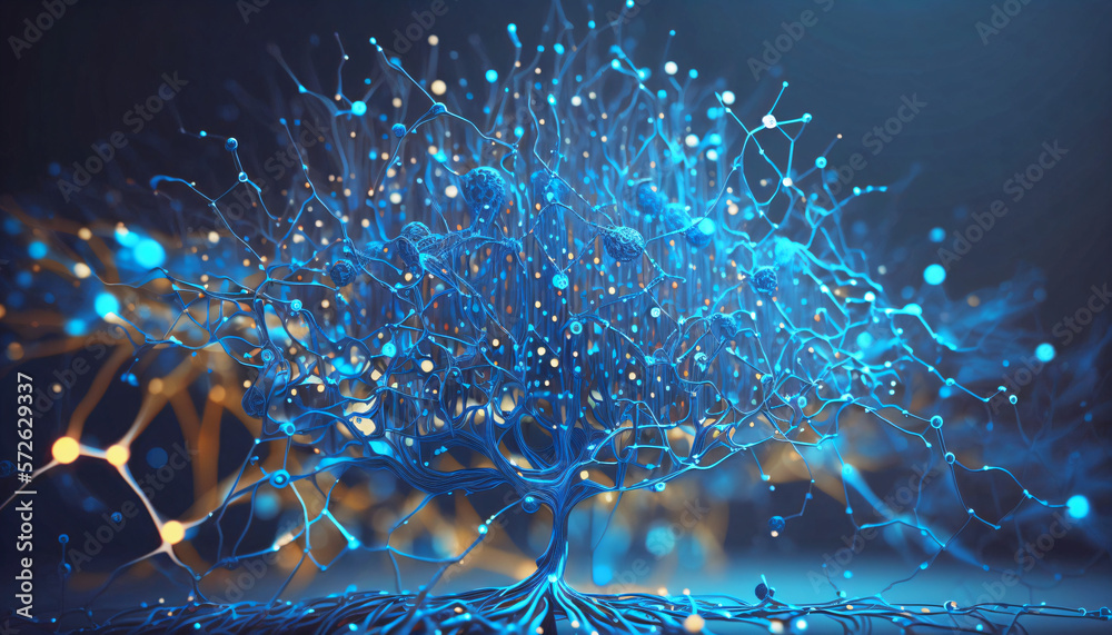 A blue multi-layered neural network visualization in the shape of a ...