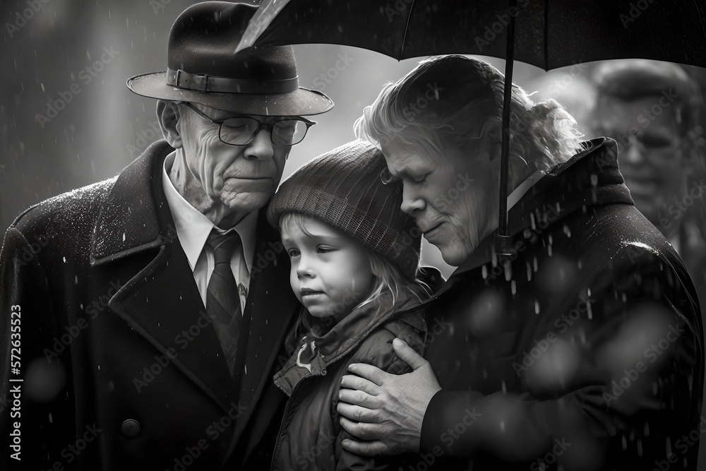 Funeral, black and white, grandparents and elderly relatives comfort ...