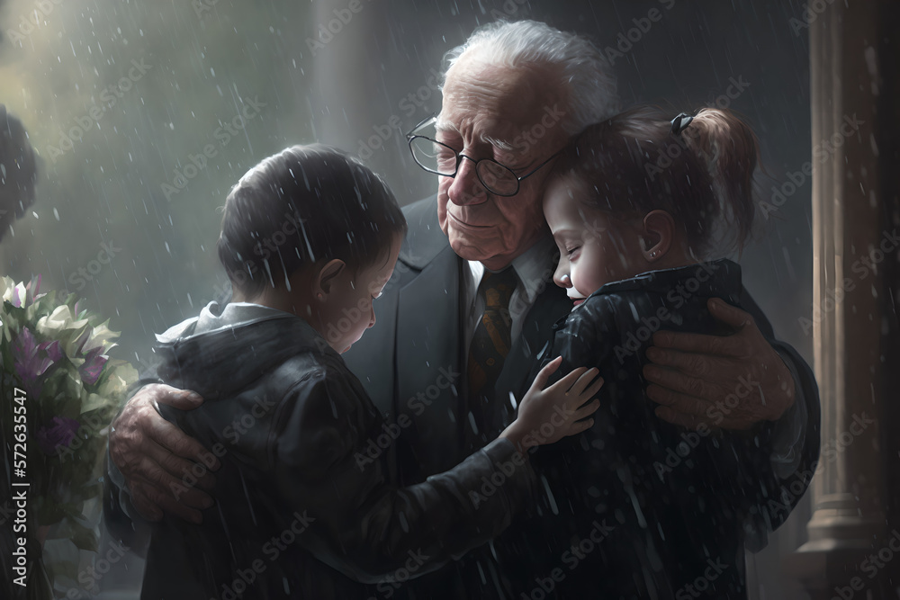 Funeral, black and white, grandparents and elderly relatives comfort ...