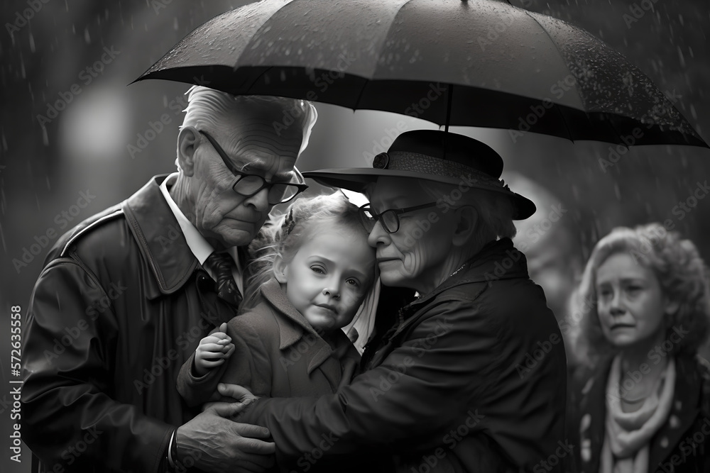 Funeral, black and white, grandparents and elderly relatives comfort ...
