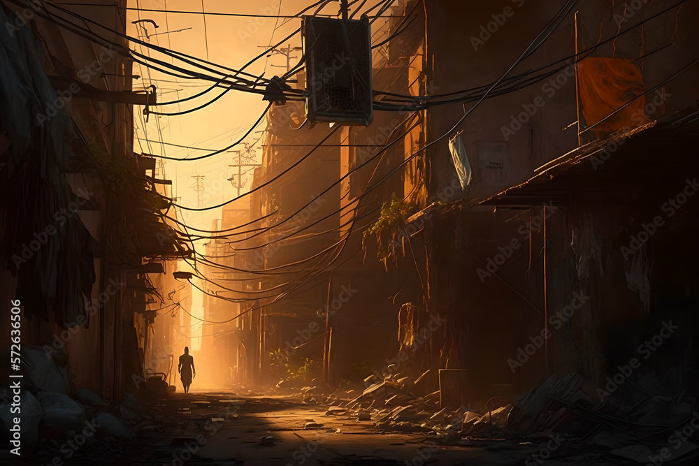 An illustration of a very crowded badly built third world street at ...