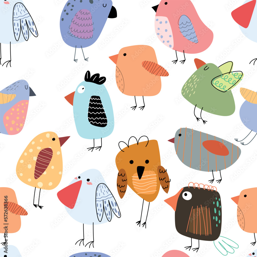 Colorful doodle cartoon bird seamless pattern. Collection of flat hand ...