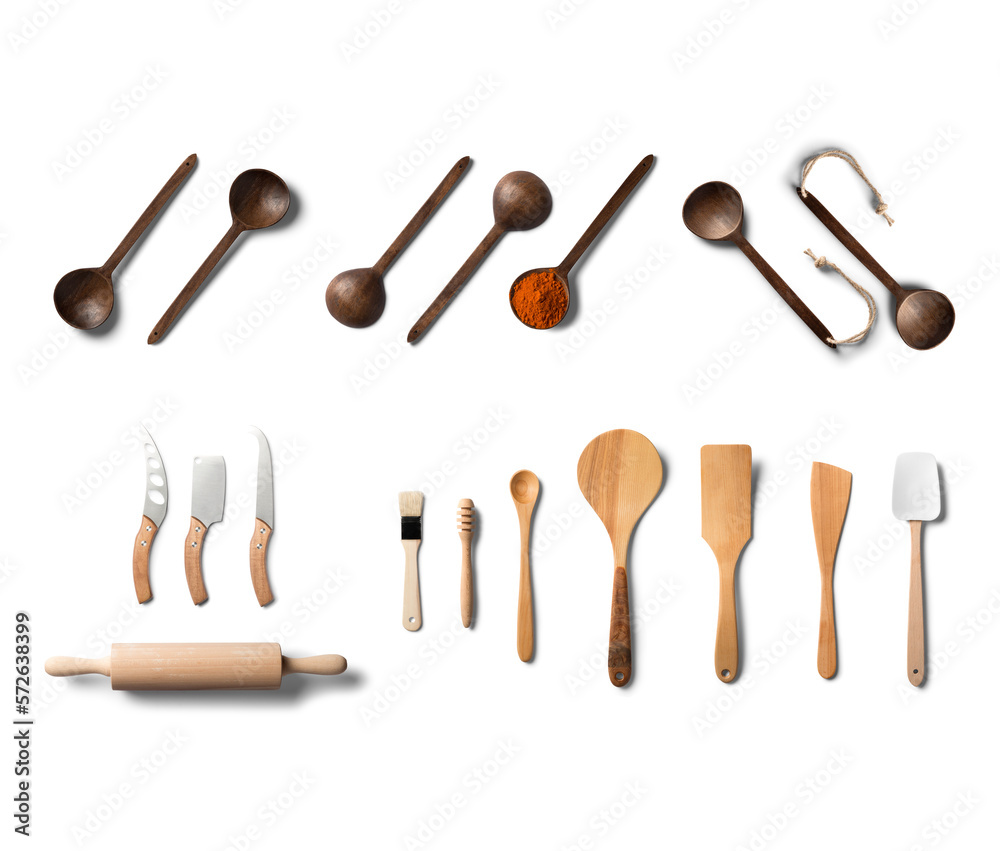 Kitchen utensils isolated on transparent background, top view. Stock ...