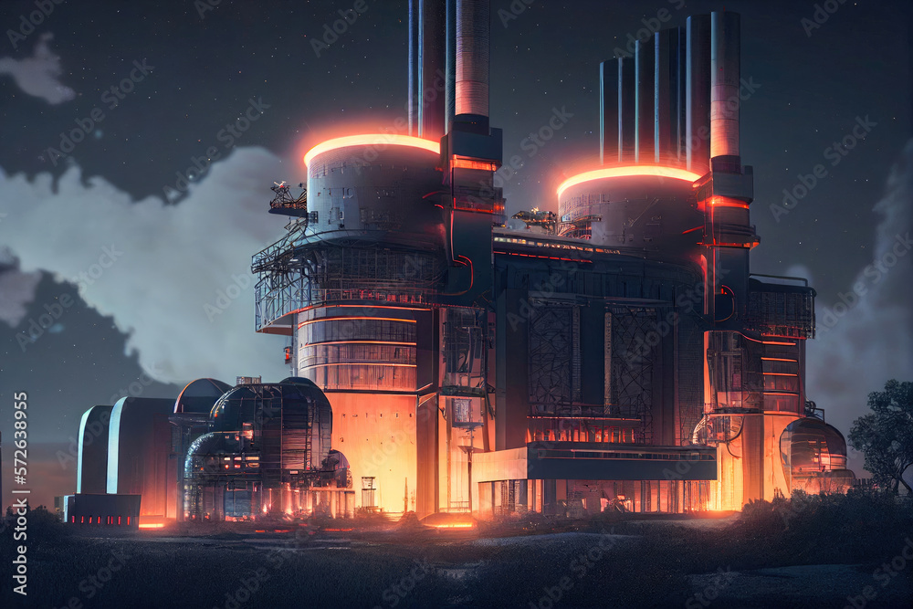 Night View of the thermonuclear power plant for fusion power generation ...