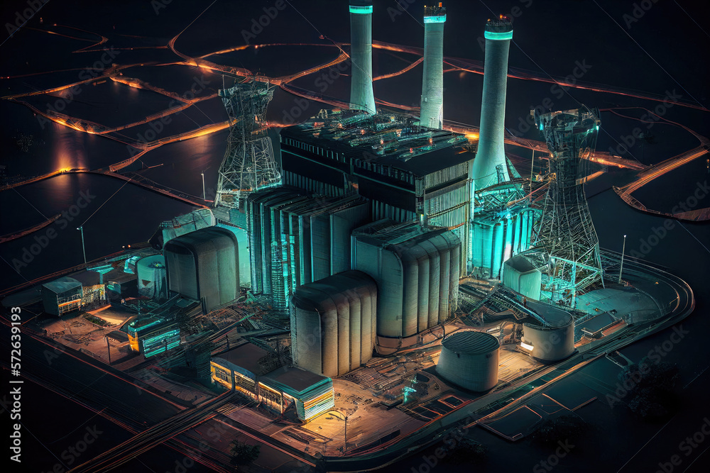 Night View of the thermonuclear power plants supplying power to the ...