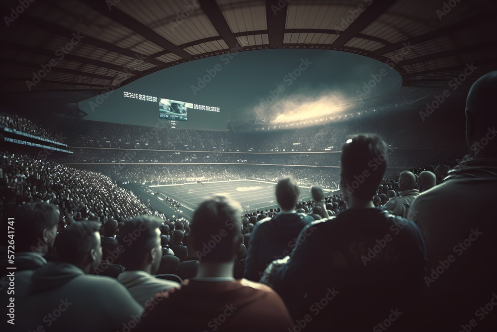 Back view of fully crowded audience sitting and watching football match ...