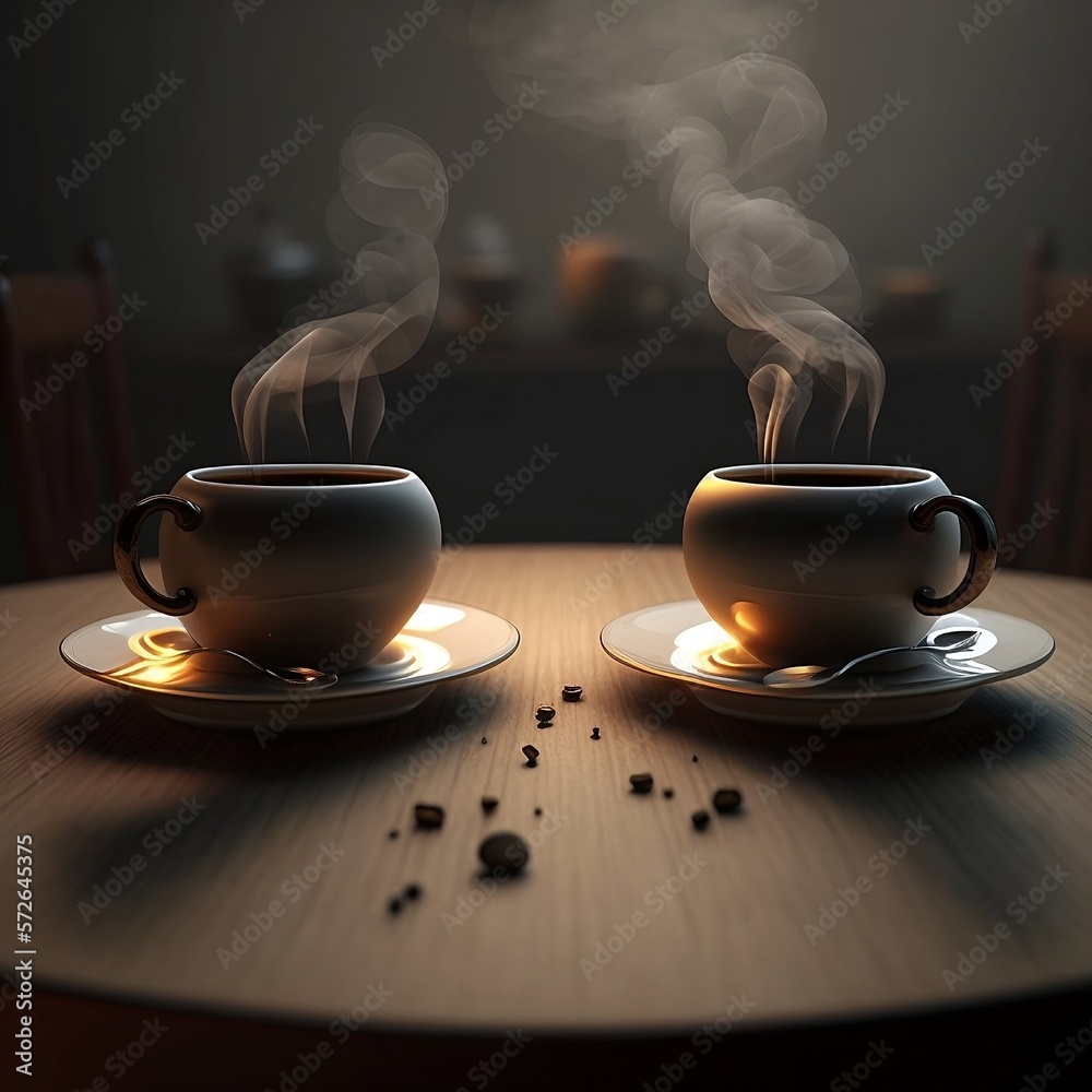 two cups of coffee with steam coming out of them, in a cafe setting ...