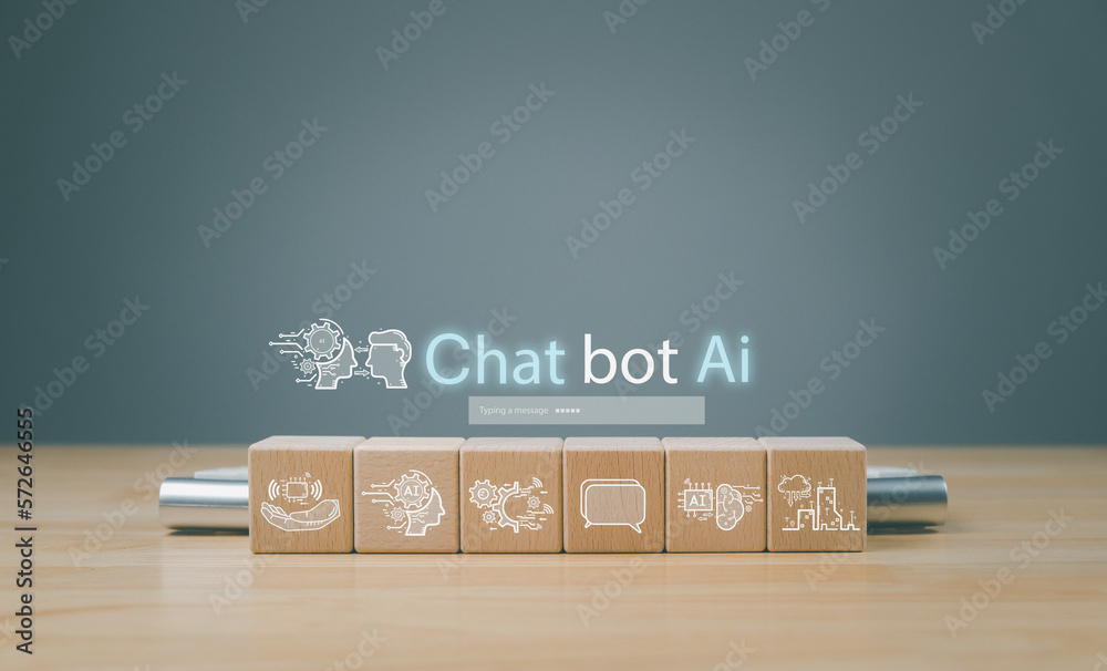 Wooden blocks simulate use of chatbots on communication devices. Use ... Wooden blocks simulate use of chatbots on communication devices. Use ...