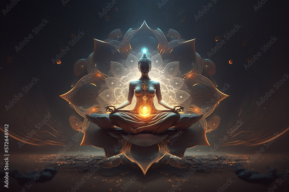 Illustration of human meditating, spirituality, astral body with light ...