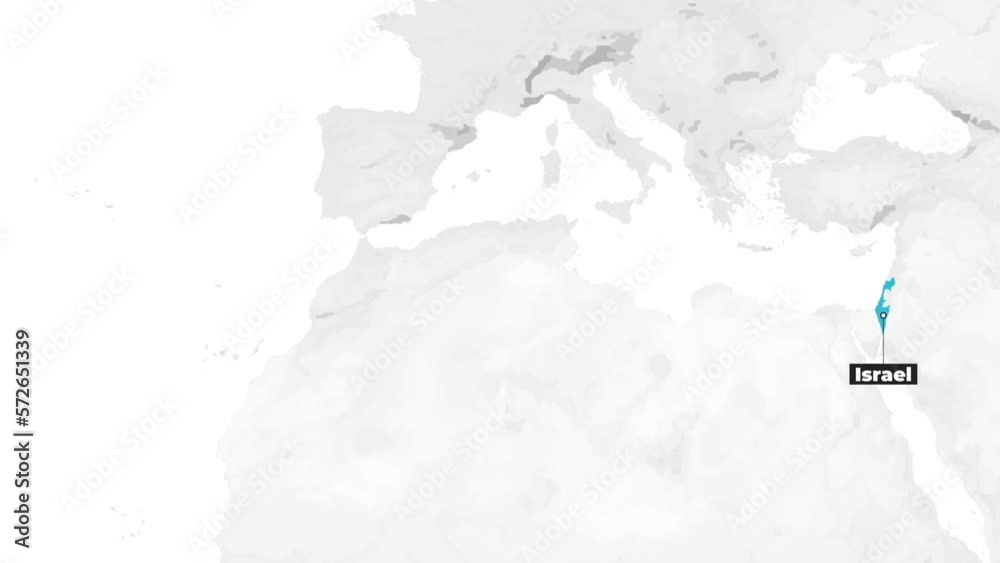 World map showing Israel. From above zoom in. Country blue is ...