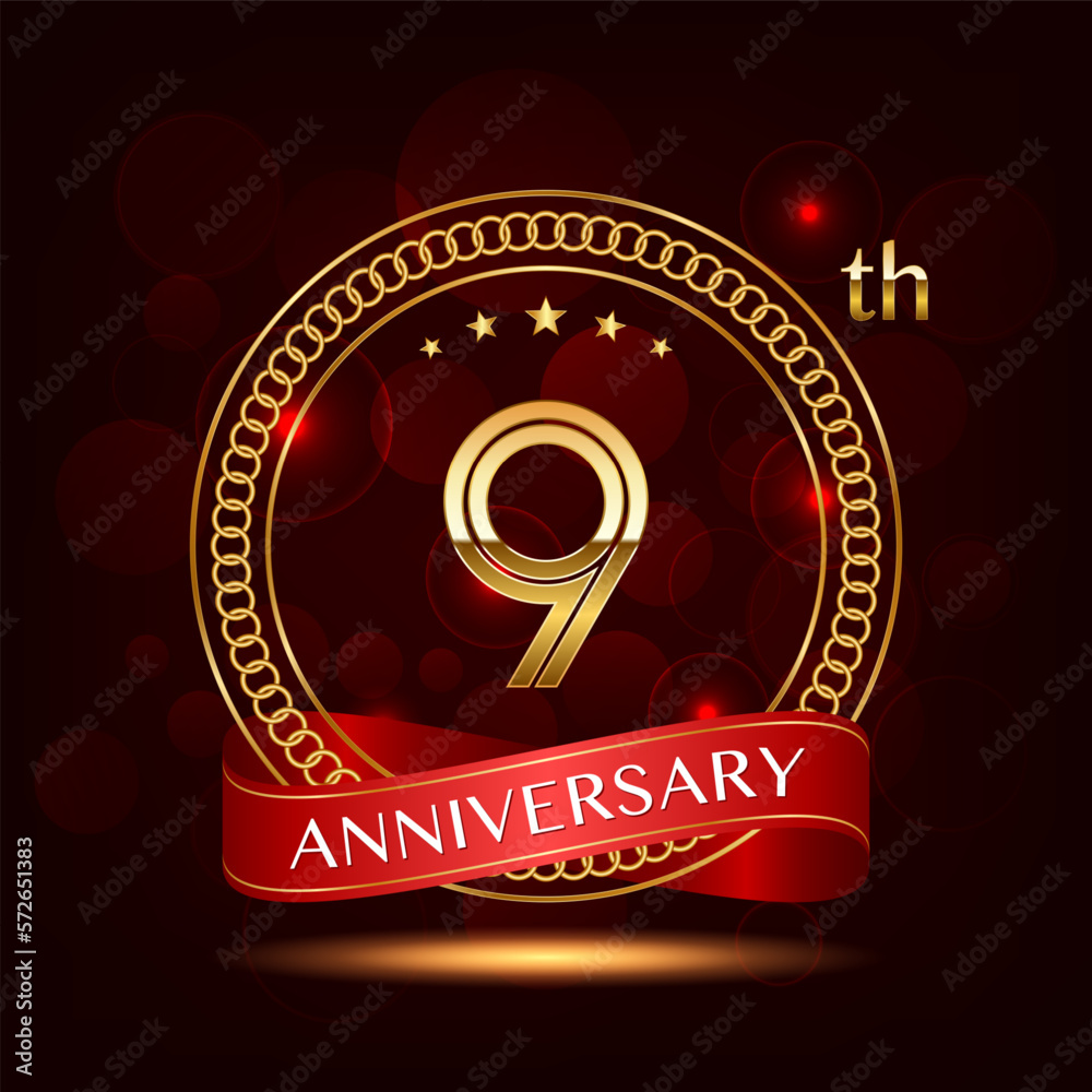 9th Anniversary logo design with golden number and red ribbon for ...