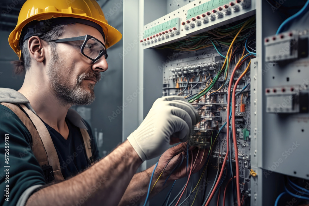 Generative AI illustration of a A male electrician works in a ...