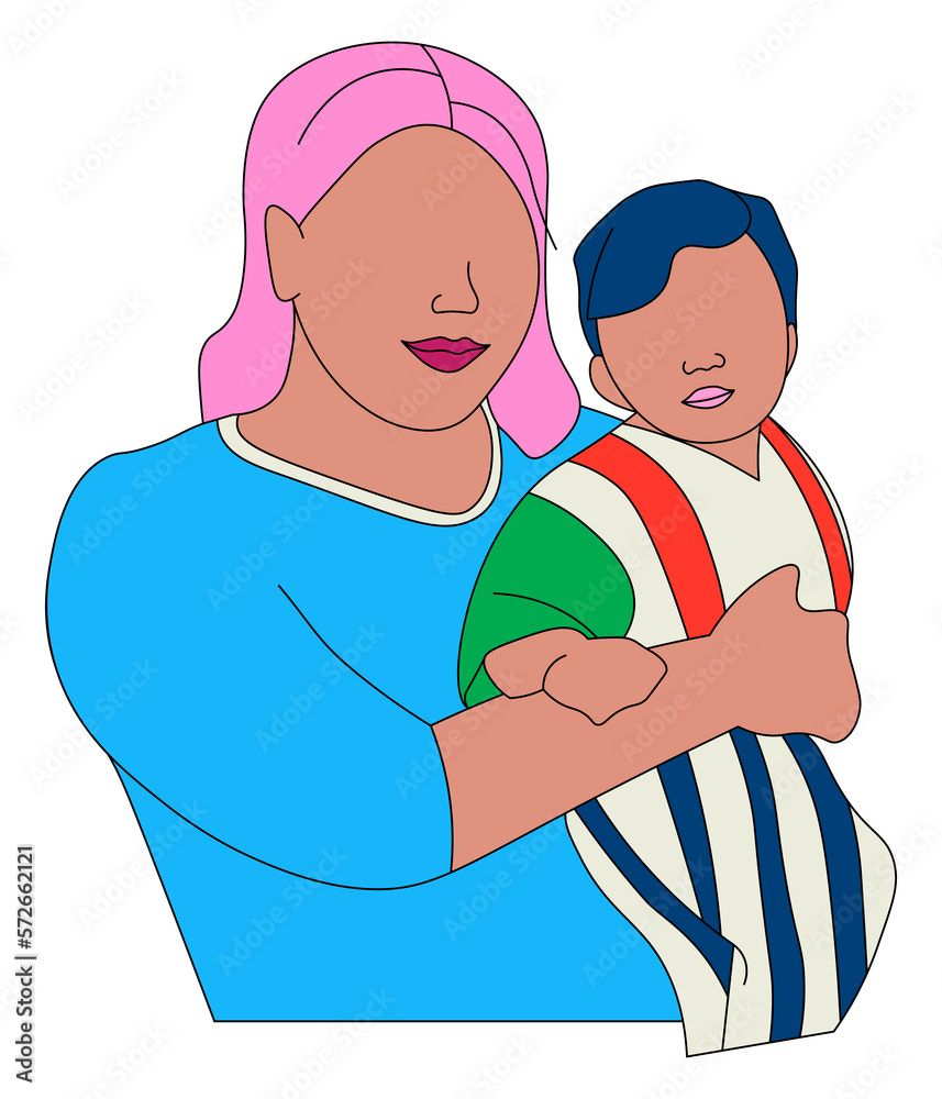 Filipino mum with short pink hair and son Stock Illustration | Adobe Stock