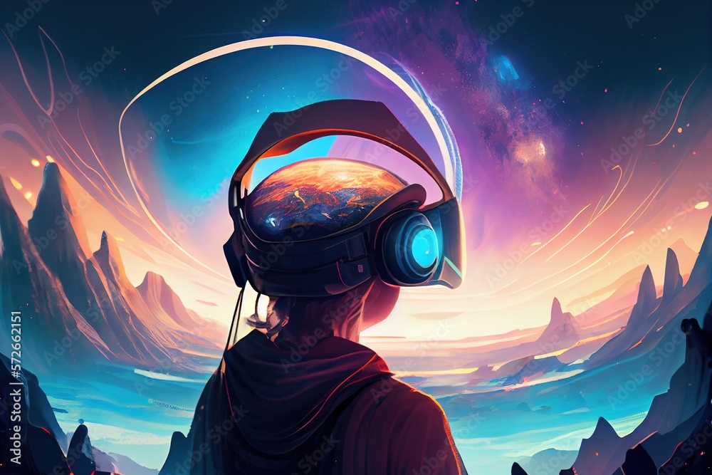 Girl robot in 3D reality glasses, game character. Metaverse and ...