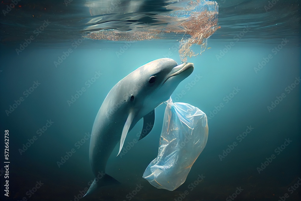 Dolphin swimming with a plastic bag. Ocean pollution. Dolphin cleans ...