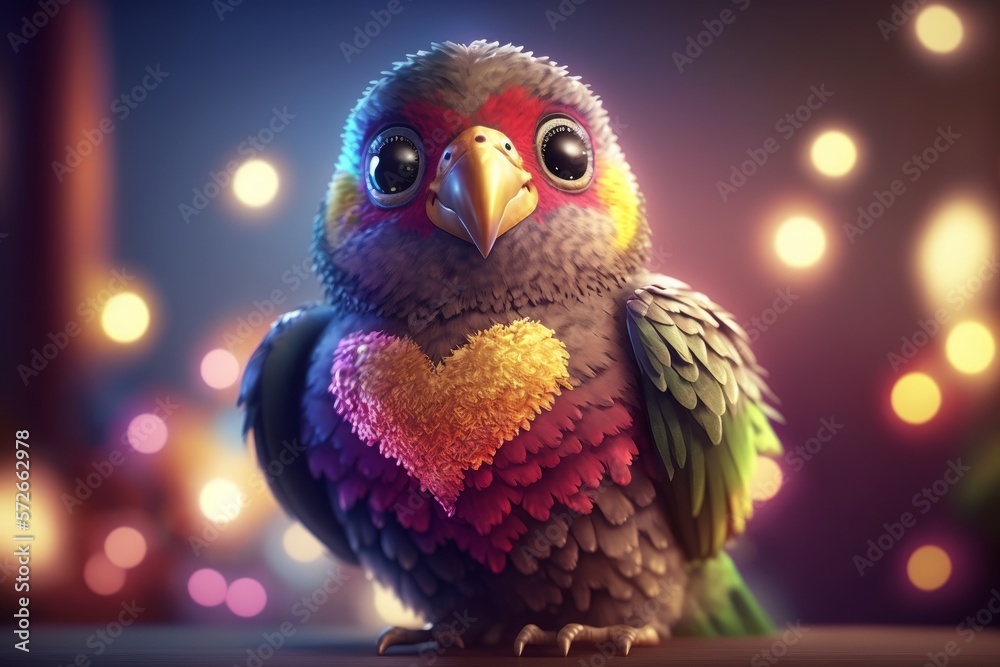 Cartoon Epic Composition: A Cute, Colorful Parrot with Heart-Shaped ...