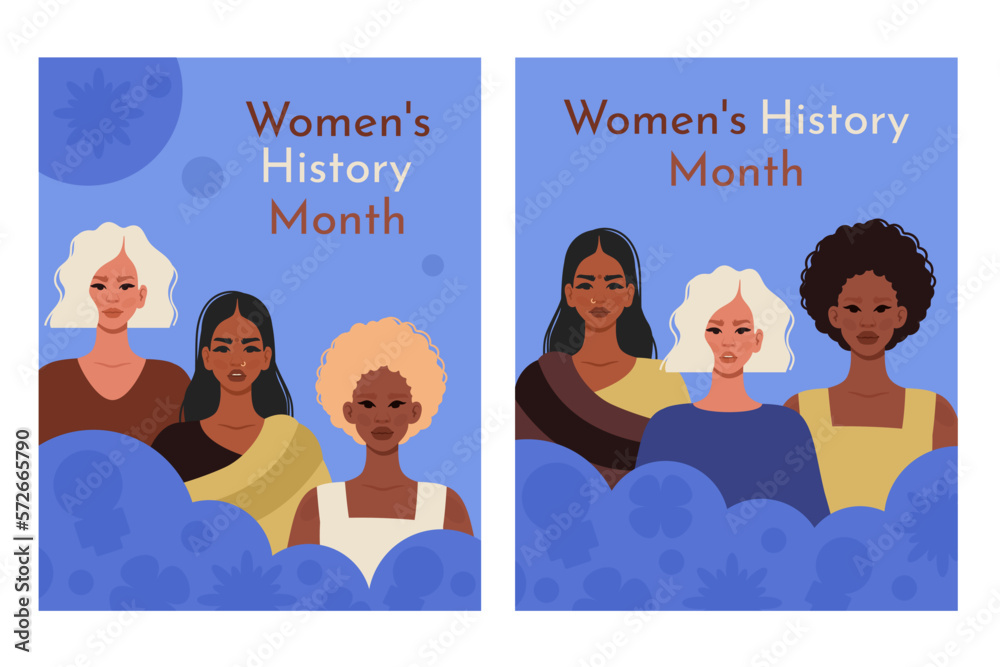 Set of Women's history month cards. Young womens of different ...