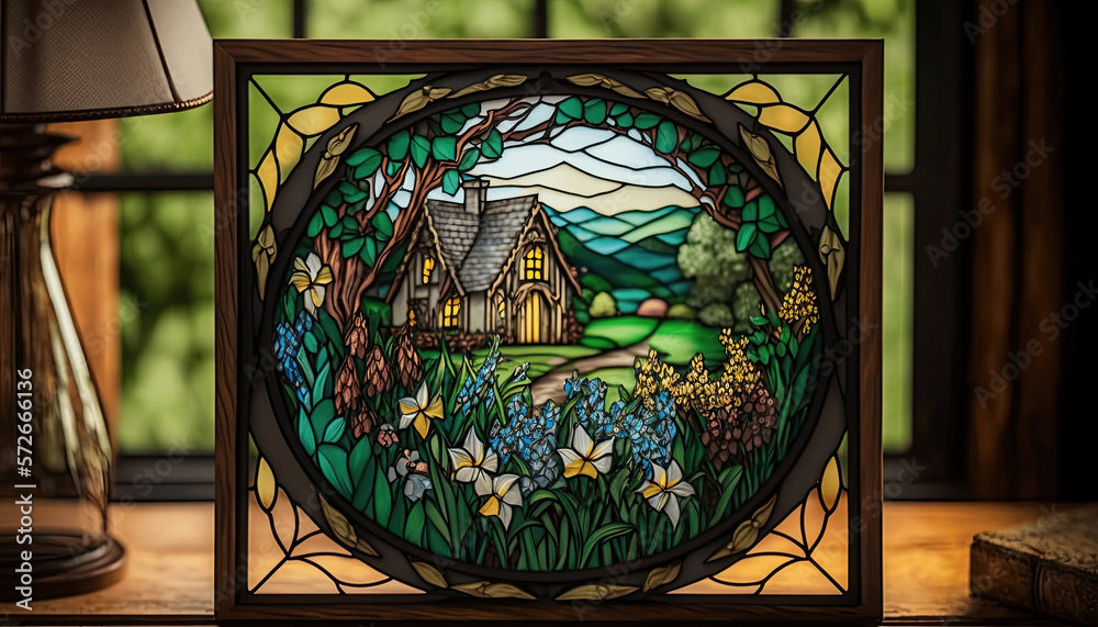 Stained Glass Window with Nature Scene in Cottage-Style Home ...