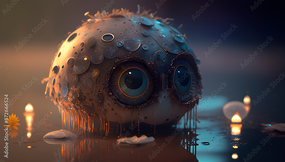 small cute round alien surprised after arriving on a new planet, small ...