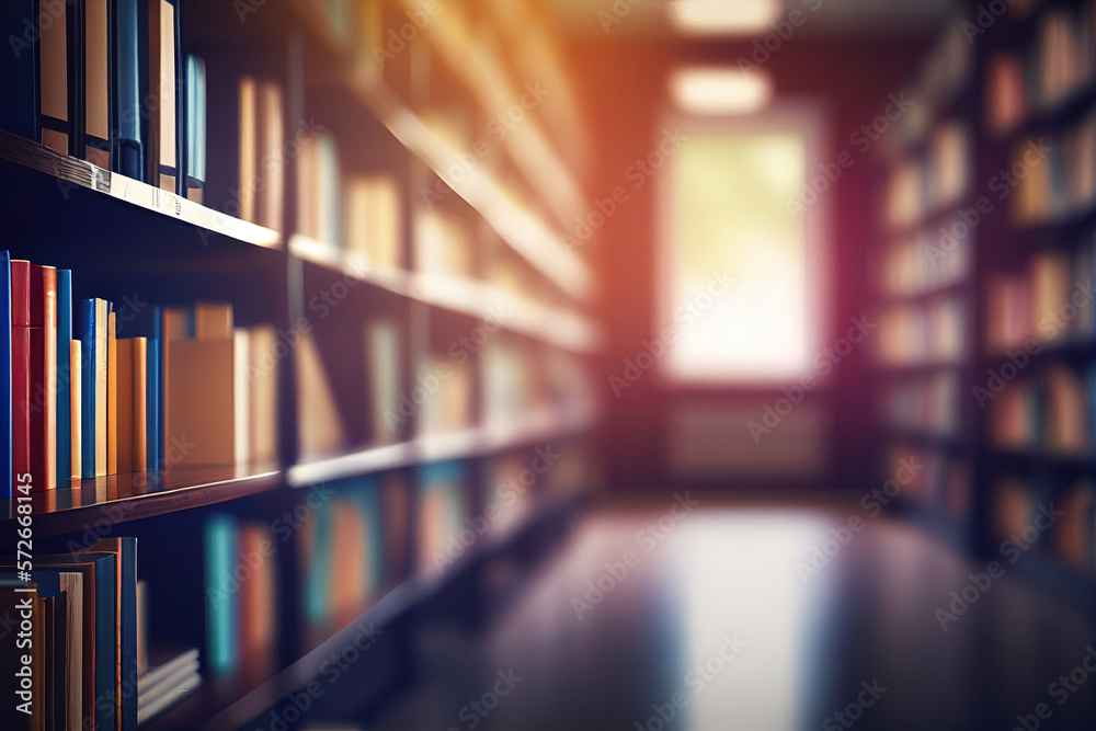 Abstract blurred empty college library interior space. Blurry classroom ...