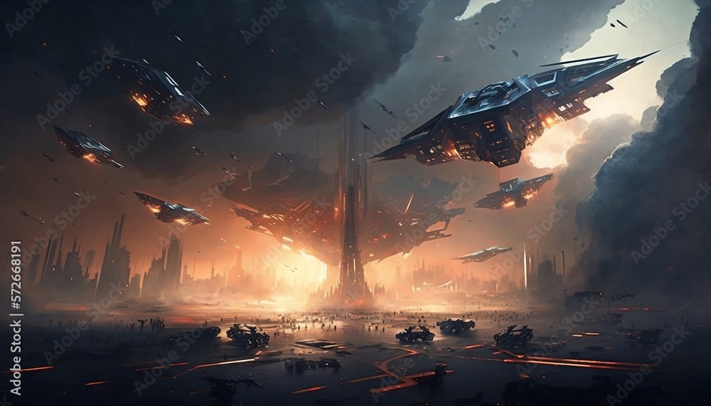 Space War Concept Art, Hundreds of airships are engaged in massive air ...