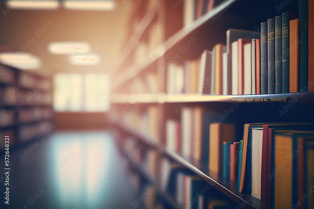 Blurred view of an empty college library interior, featuring abstract ...