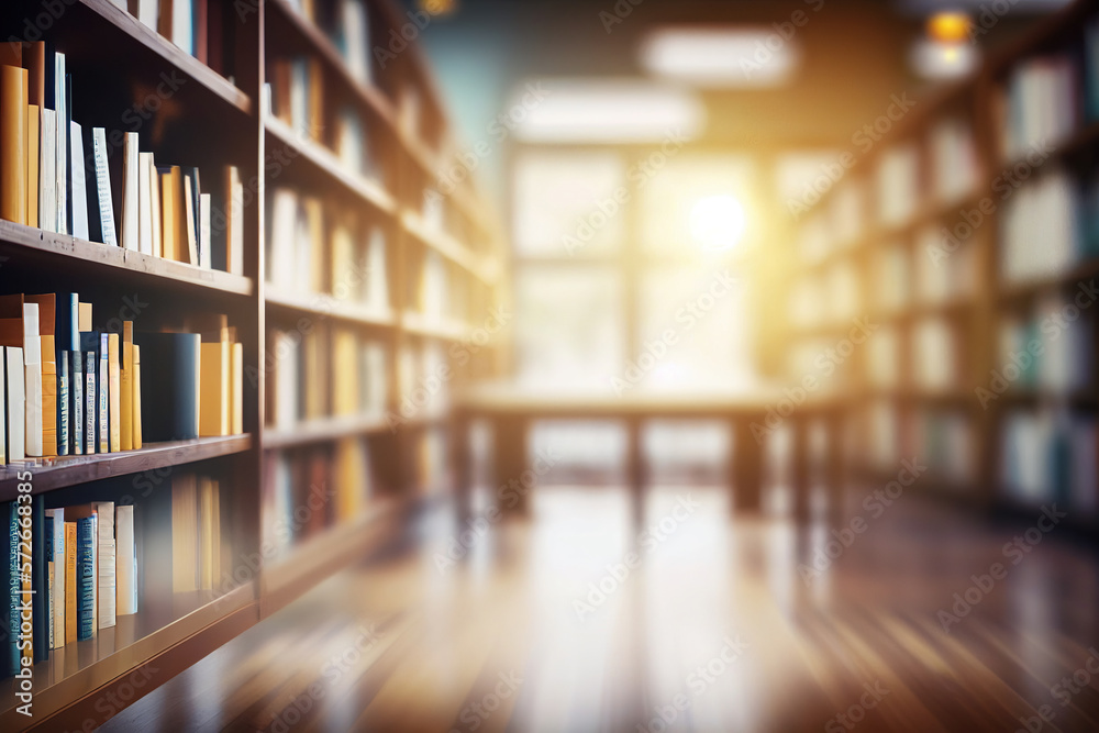 Abstract blurred empty college library interior space. Blurry classroom ...
