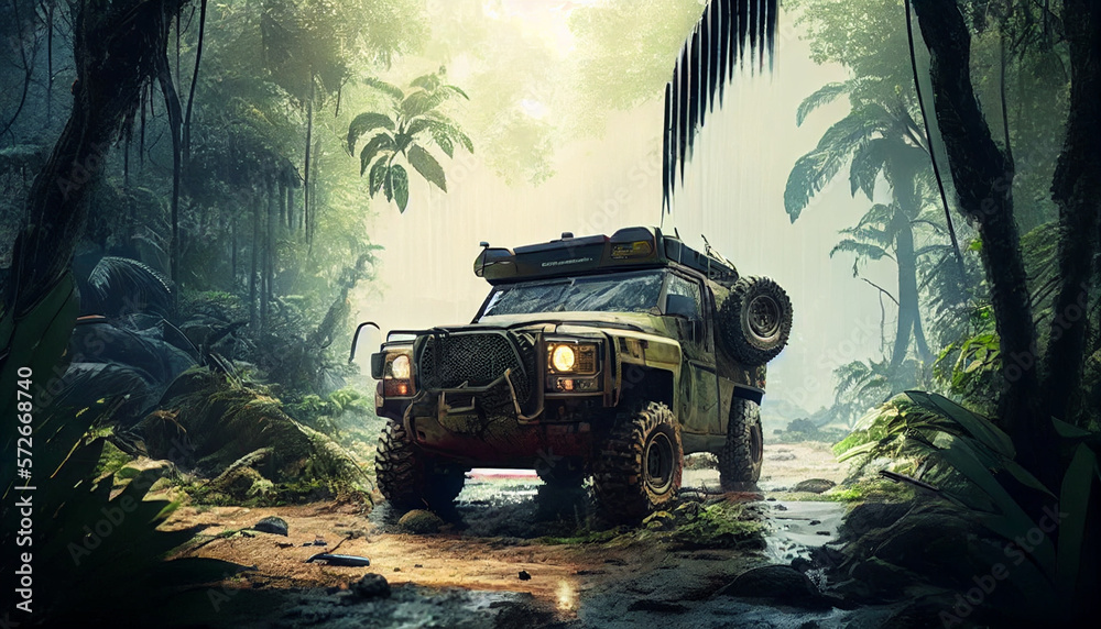 Armored SUV n in rain forest with led bar on roof Stock Illustration ...