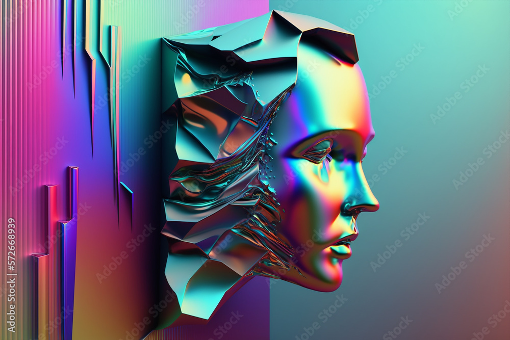 abstract iridescent human face with neon and vaporwave colors ...