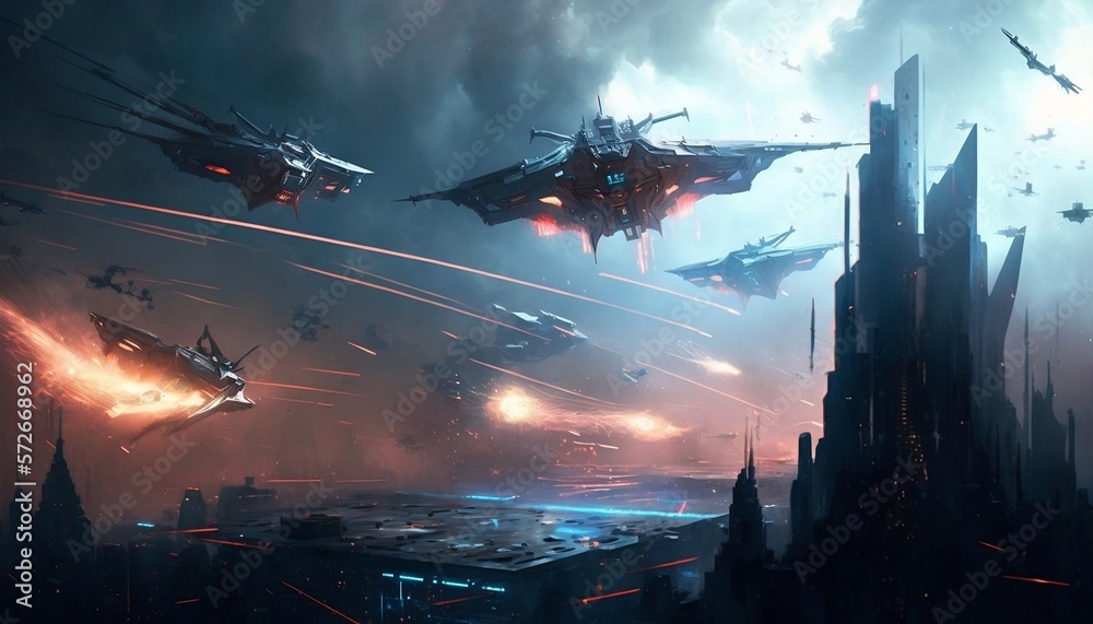 Space War Concept Art, Hundreds of airships are engaged in massive air ...