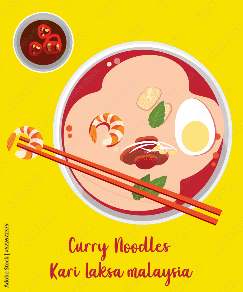 curry noodles kari laksa malaysia prawn mee egg chili vector food ...
