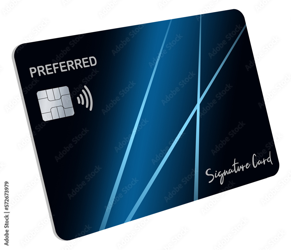 A modern, generic, mock credit card, or debit card, is labeled as a ...