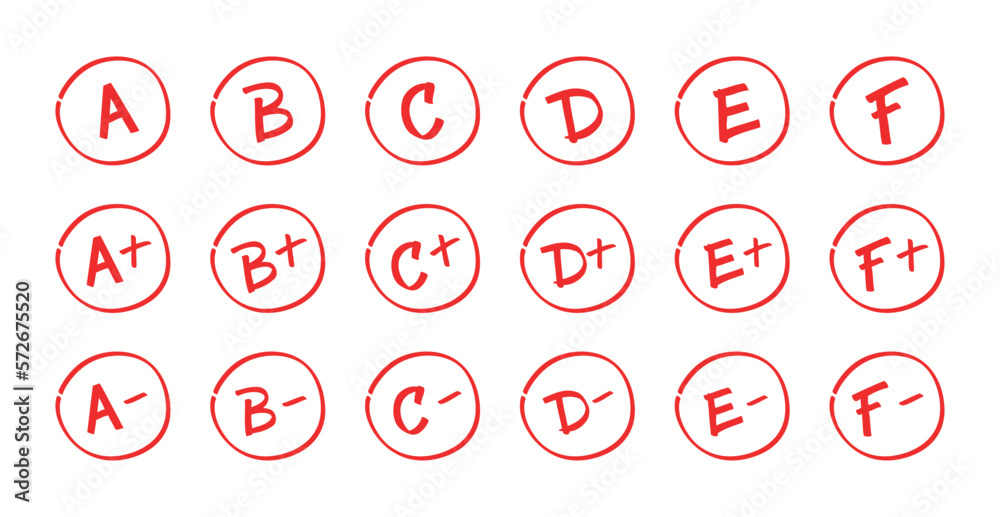 Test score collection isolated on white background. Set of grades for ...