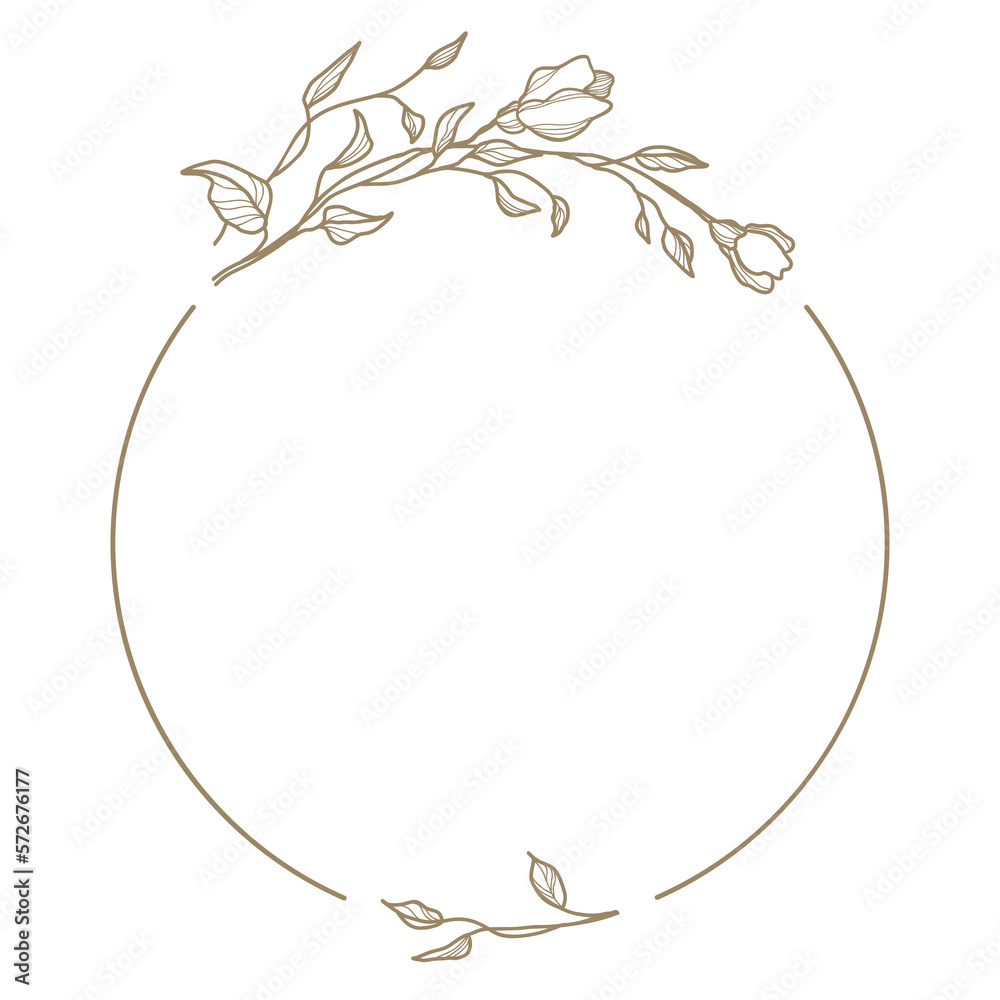 Elegant circle floral frame. Hand drawn logo template in line art with ...