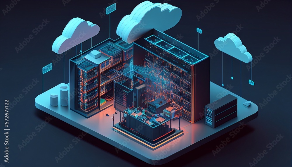 Cloud computing, an isometric representation of a modern data center ...