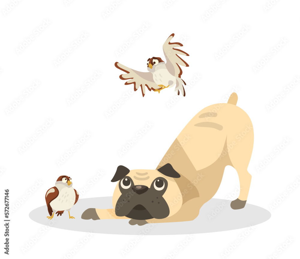 Cute puppy playing with sparrows vector illustration. Cartoon dog ready ...