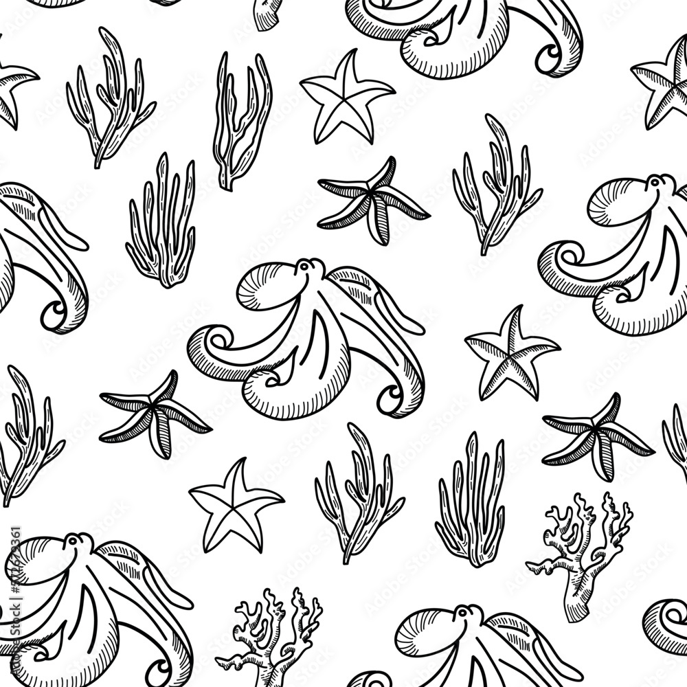 Seamless coral pattern line art. Vector octopus. Vector of the sea ...