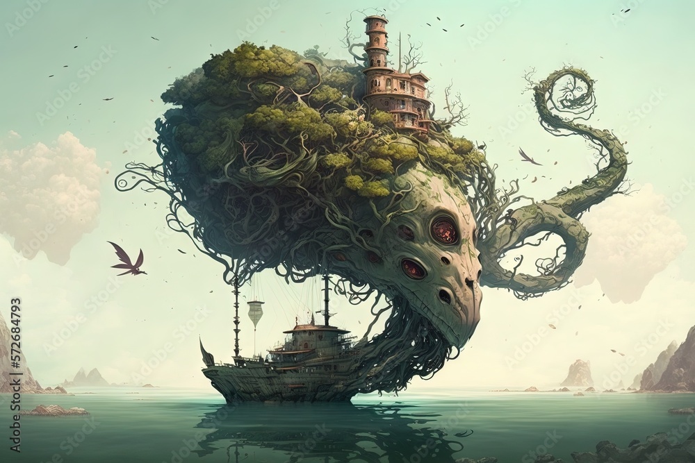 Floating island populated by a variety of bizarre and monstrous ...